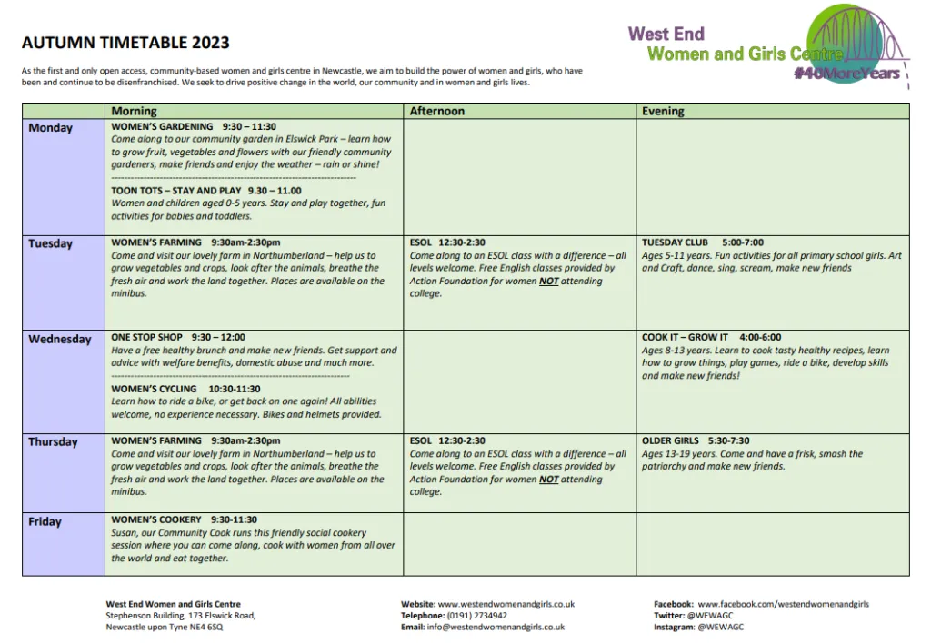 AUTUMN TIMETABLE 2023 – West End Women and Girls Centre