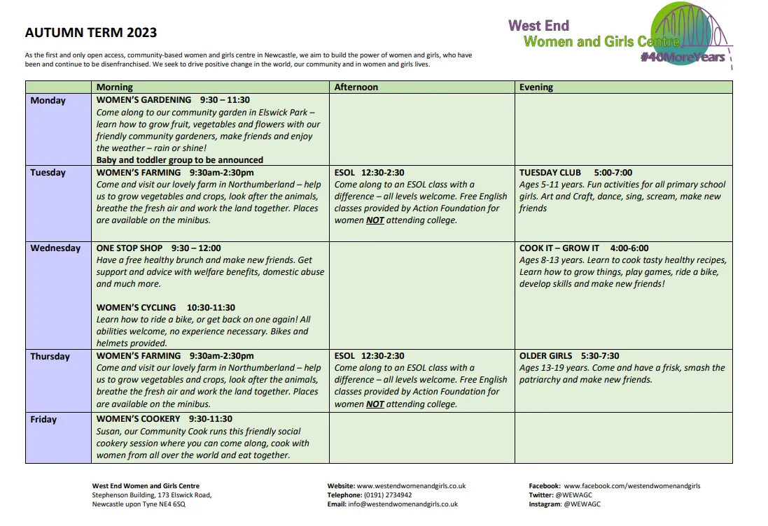 September timetable now live! – West End Women and Girls Centre