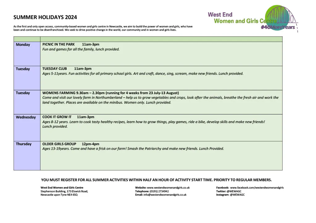 Summer Holiday Timetable! – West End Women and Girls Centre